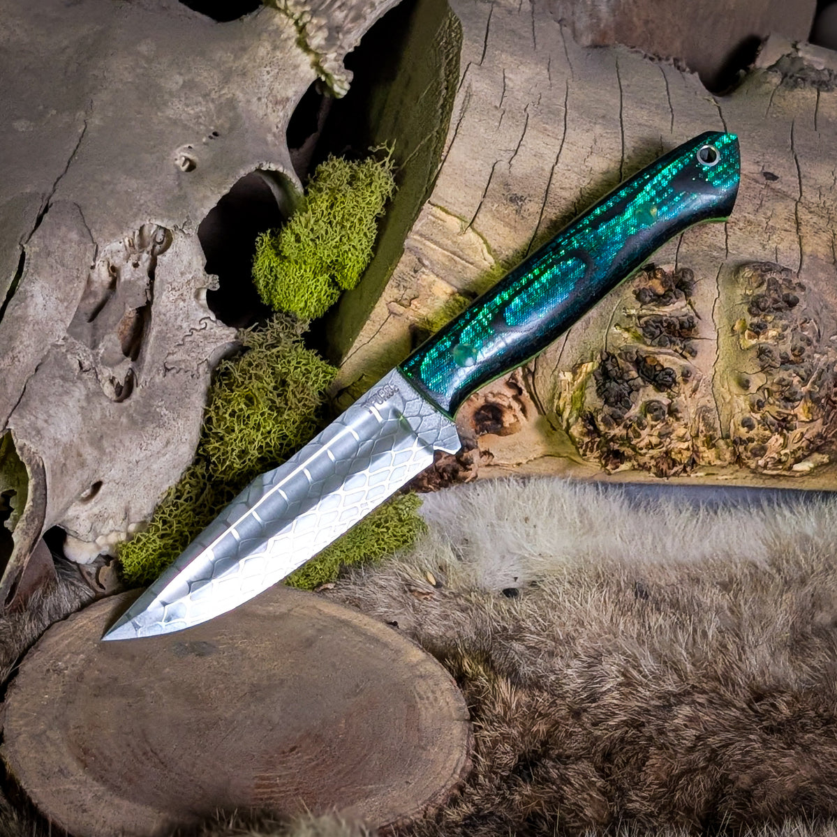 Custom harpoon hunter - snake skin pattern - abalone Micarta - green g ...